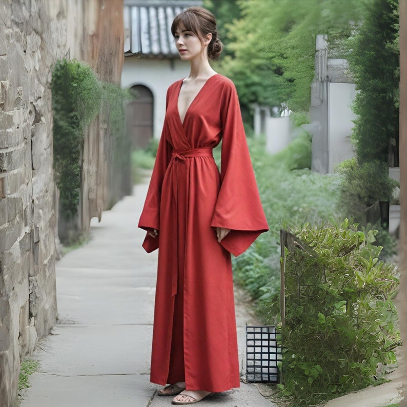 Elegant Red Kimono Robe Gown | Full-length Wrap Dress With Belt ...