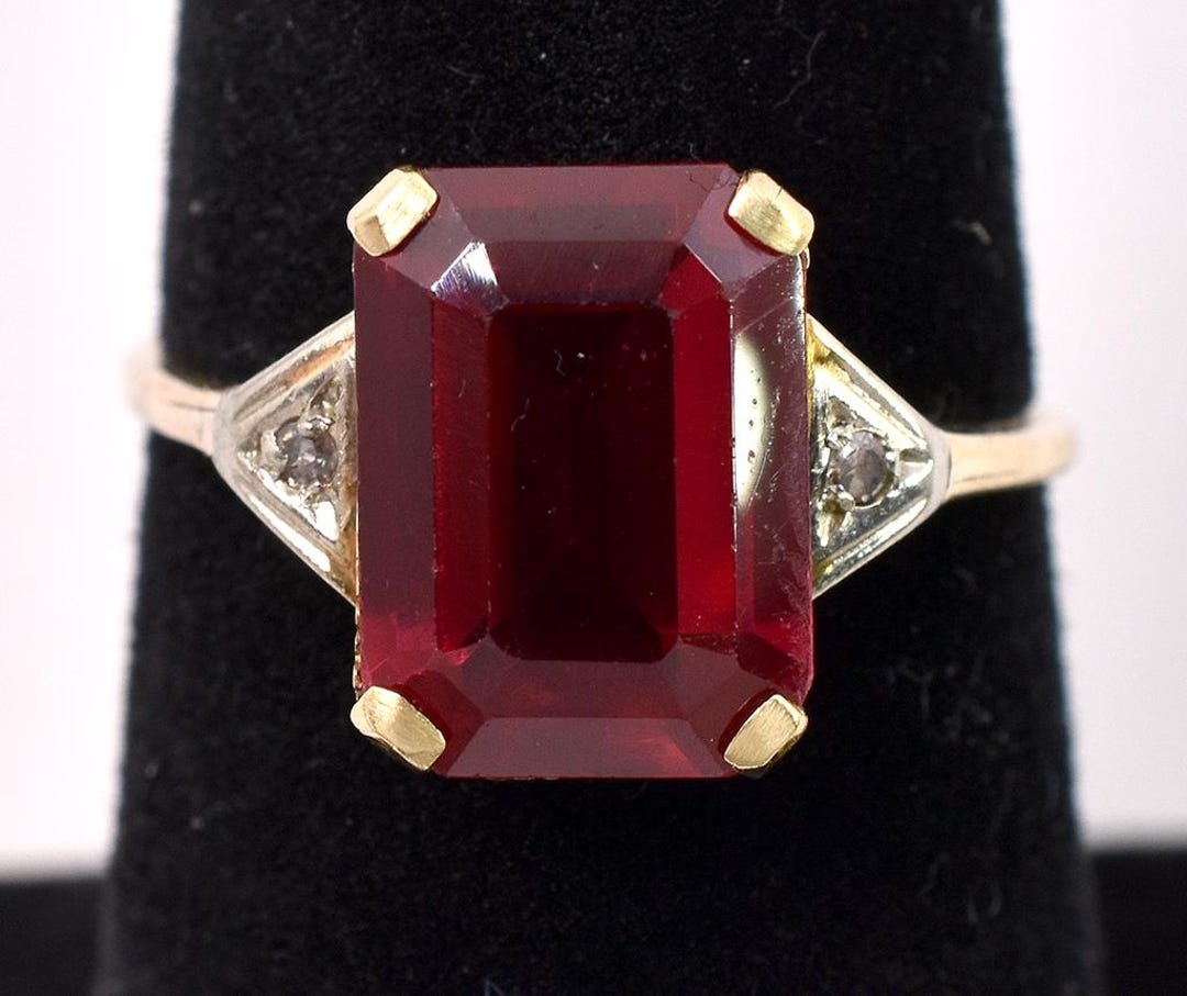 Synthetic Ruby Diamond Ring: 10K Yellow Gold, Size 5 1/2 - Etsy
