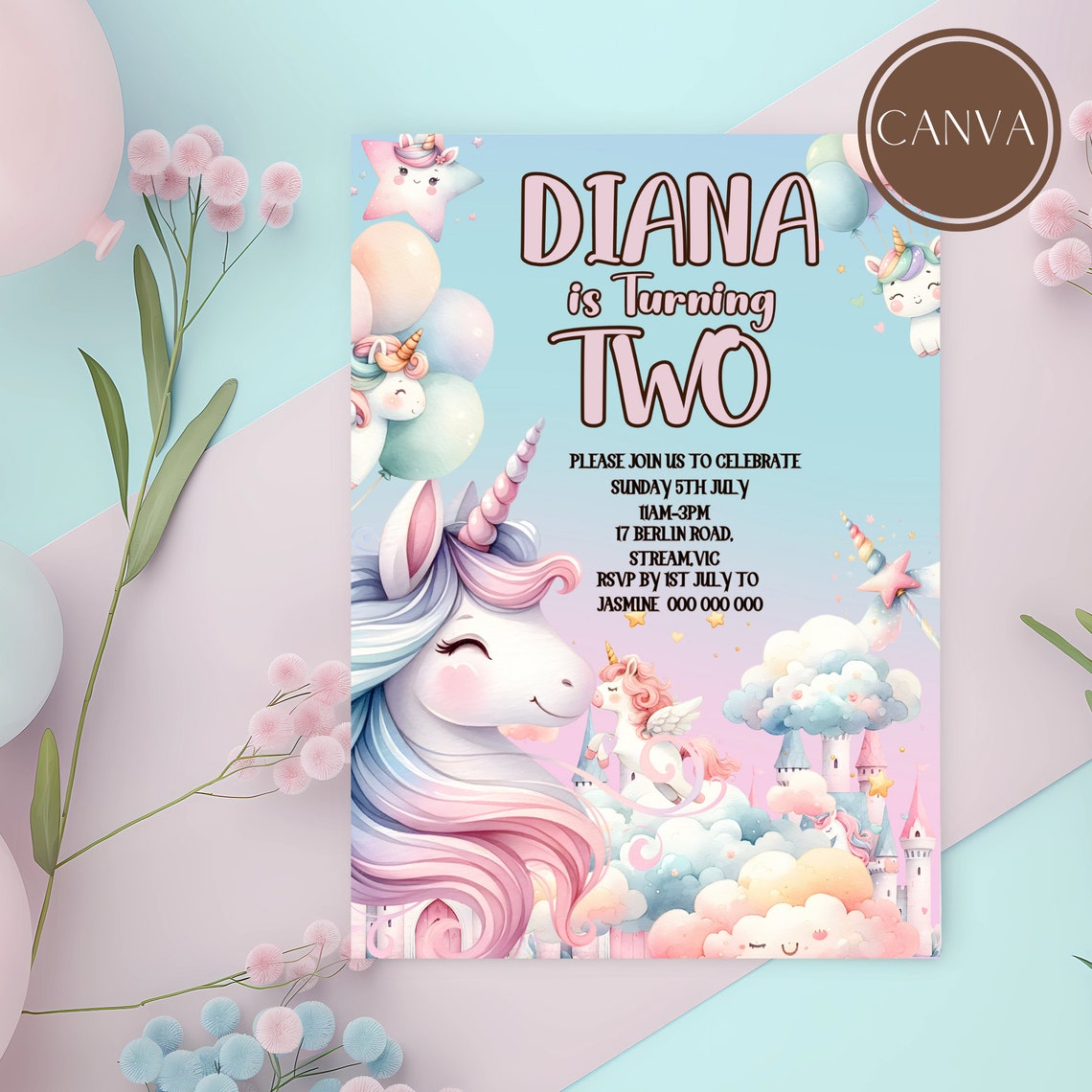 Editable Unicorn Birthday Invitation ,editable Invitation Template ...
