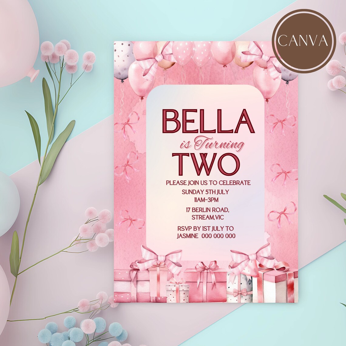Editable Pink Birthday Party Invitation Template , Printable Invitation ...