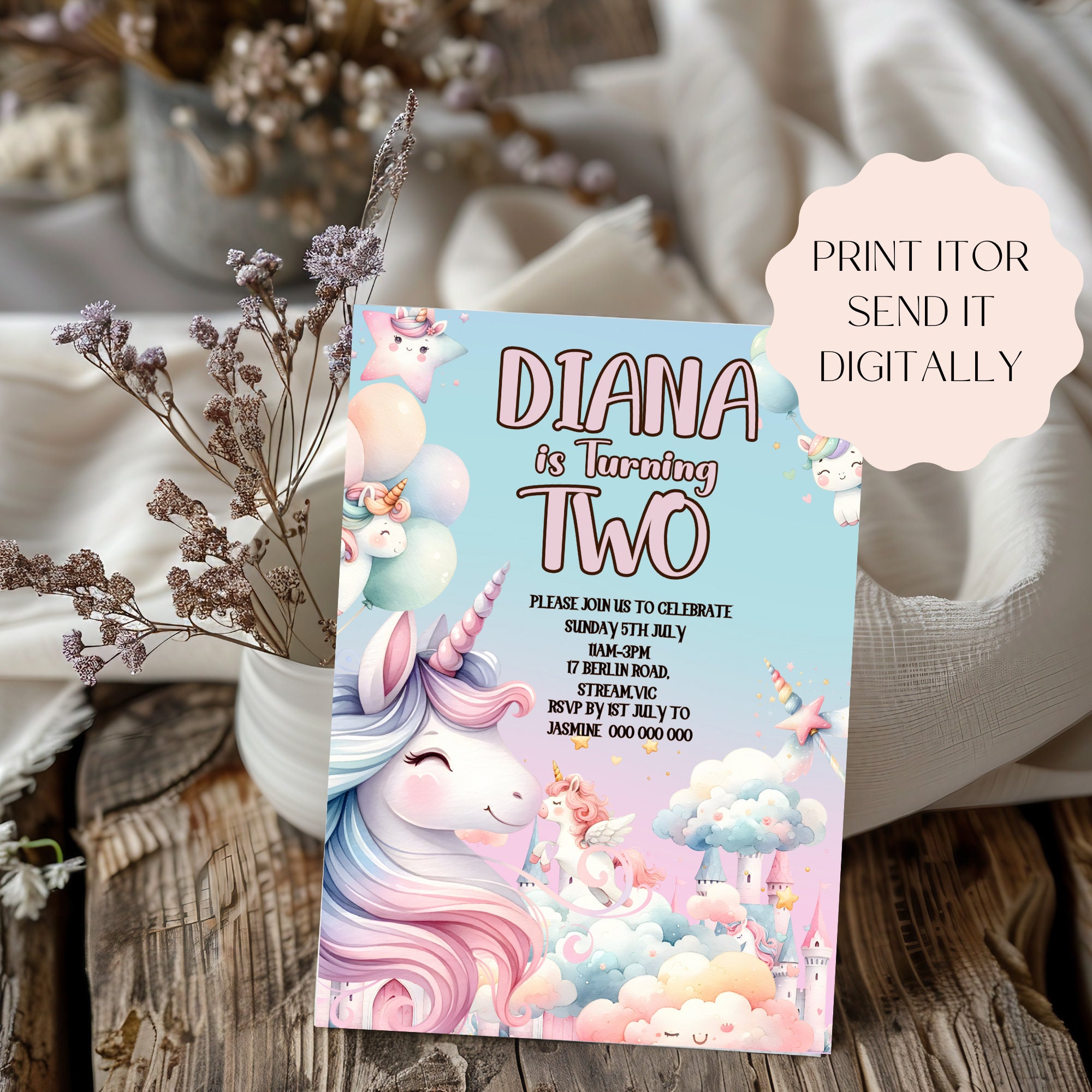 Editable Unicorn Birthday Invitation ,editable Invitation Template ...