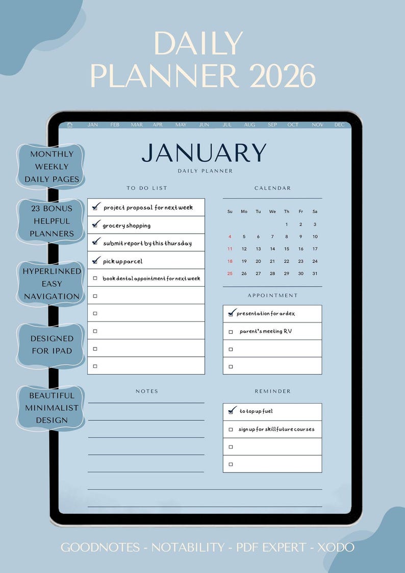 2026 Daily Planner – Minimalist Blue, Goal Tracker (digital Download ...
