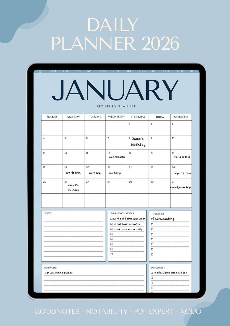 2026 Daily Planner – Minimalist Blue, Goal Tracker (digital Download ...