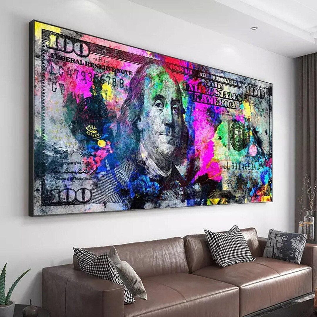 100 Dollar Bill Colorful Canvas Painting Wall Art Home Decoration Print ...