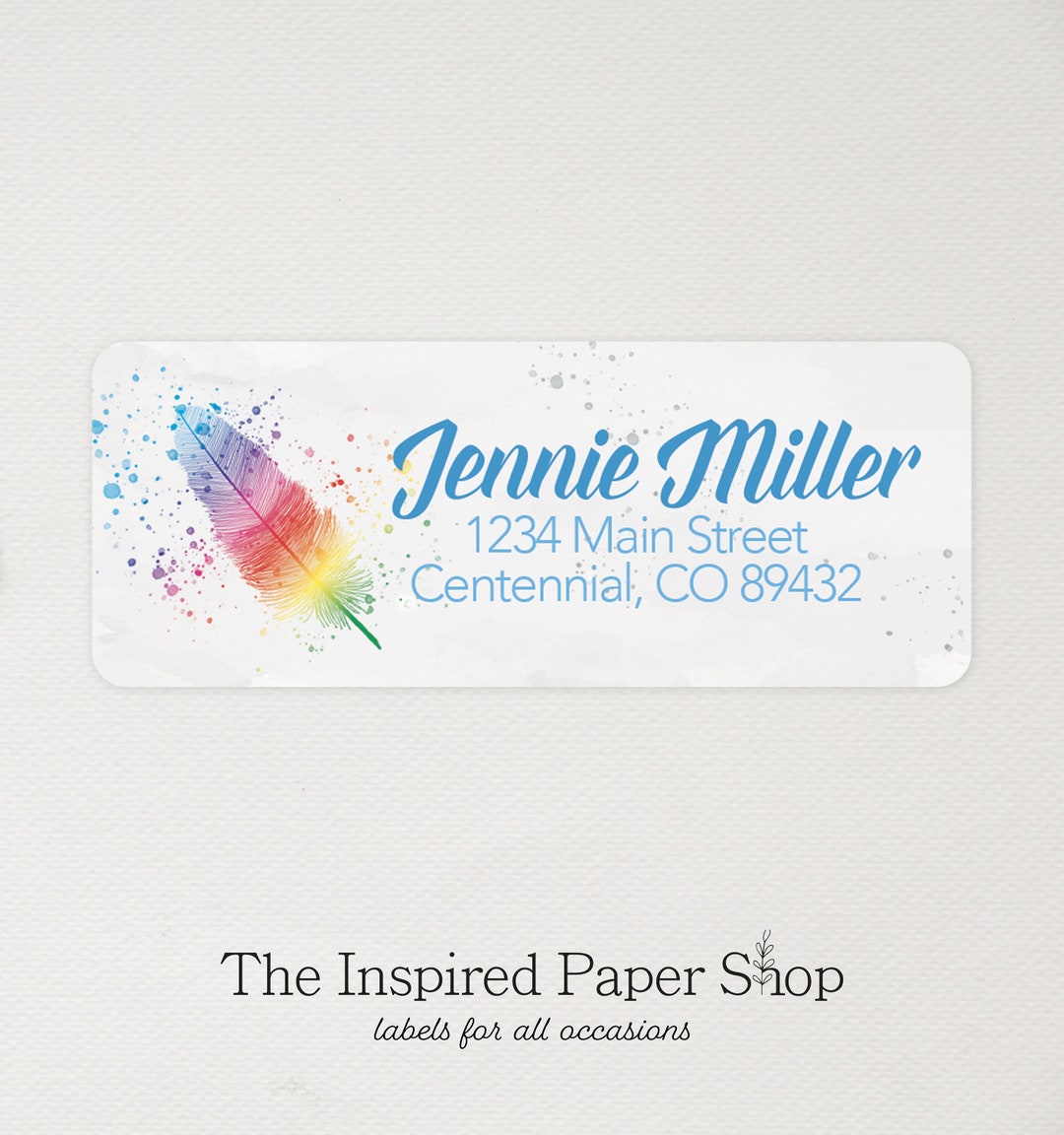 Rainbow Feather Address Labels | Unique Gift | 1 X 2.6 Inch Glossy ...