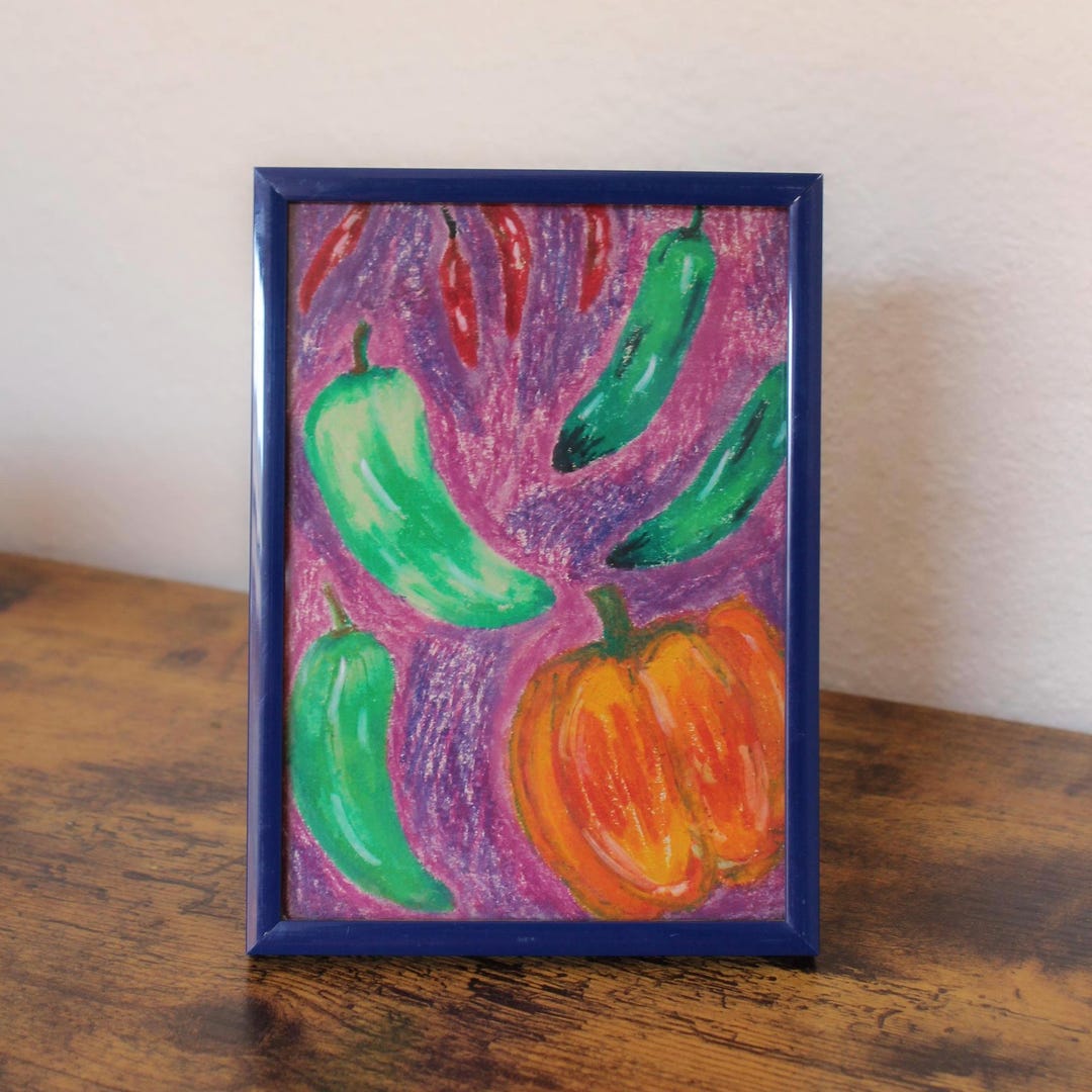 Muchos Chiles Art Print - Spicy Peppers, Food Illustration, Oil Pastels ...