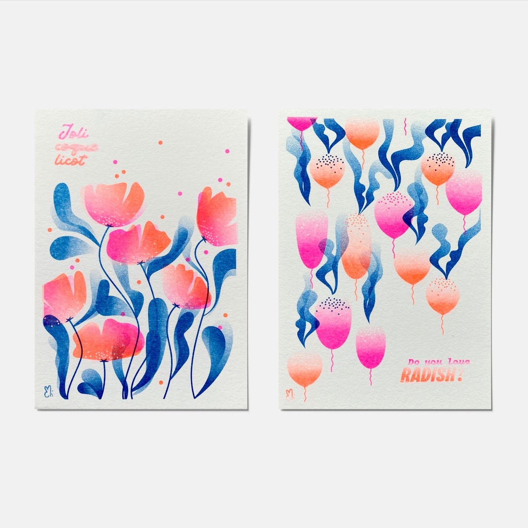 Duo A6 Fluorescent Risograph Cards - PINK+FLUO ORANGE - Etsy