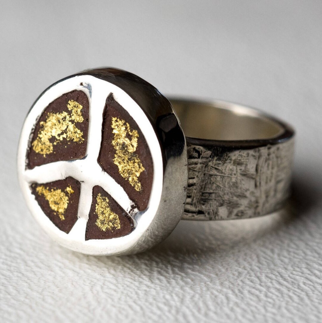 Peace Sign Ring Concrete Round Sterling Silver Gold Peace Boho Hippie ...