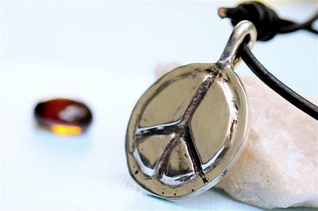 Peace Sign Necklace in Sterling Silver on Leather Cord | Etsy