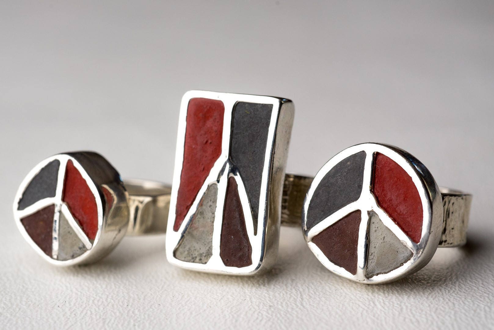 Peace Sign Ring Concrete Rectangle Sterling Silver Peace Boho Chic One ...