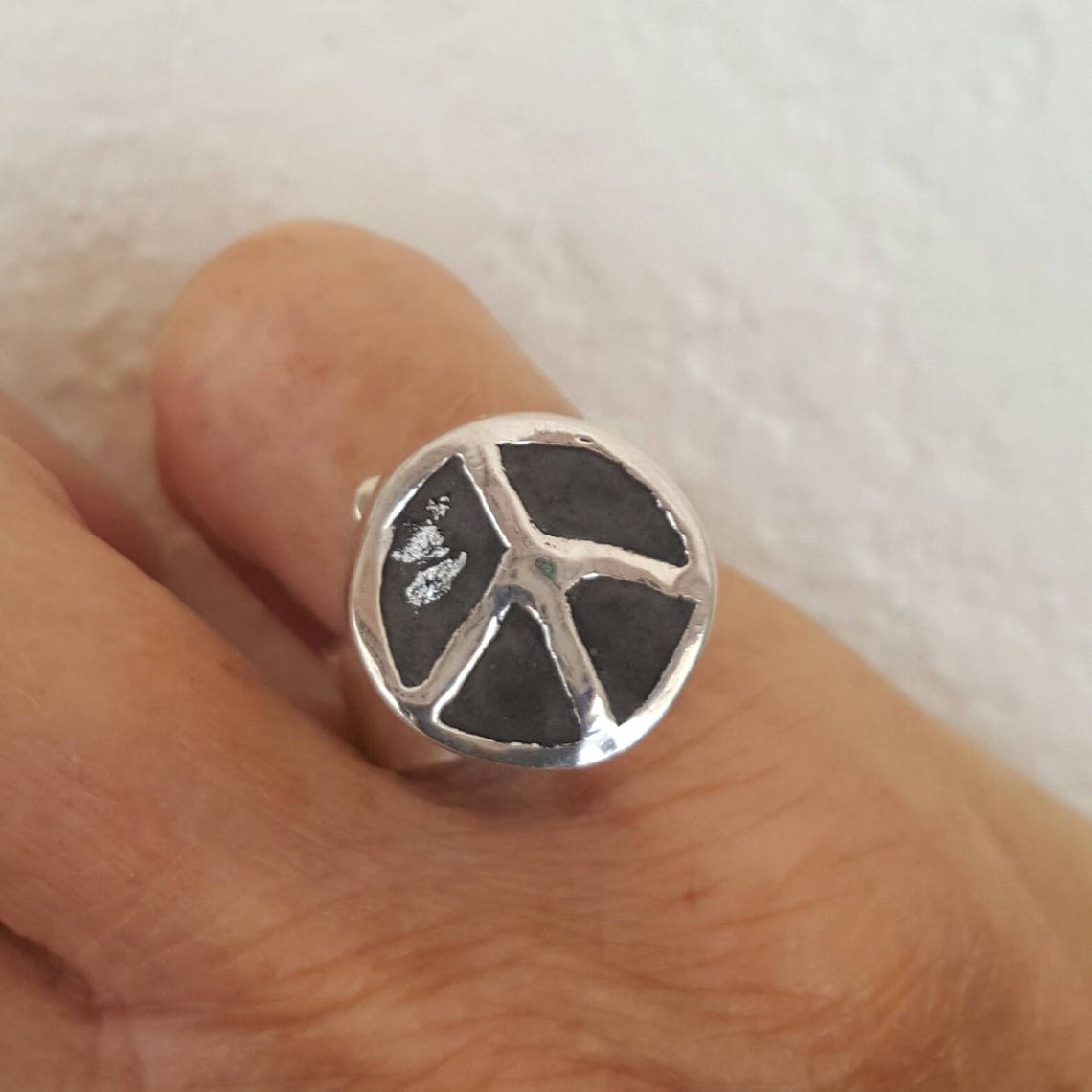 Peace Sign Ring Concrete Round Sterling Silver Peace Boho | Etsy