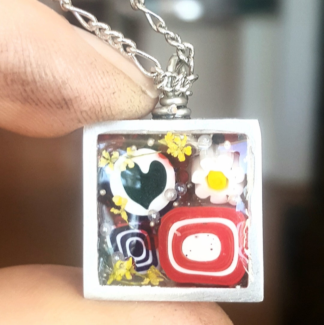 Glass Flower Necklace, Murrini Glass Jewelry, Resin Jewelry, Hearts ...