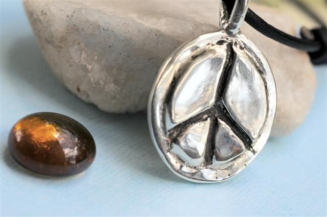 Peace Sign Necklace in Sterling Silver on Leather Cord | Etsy