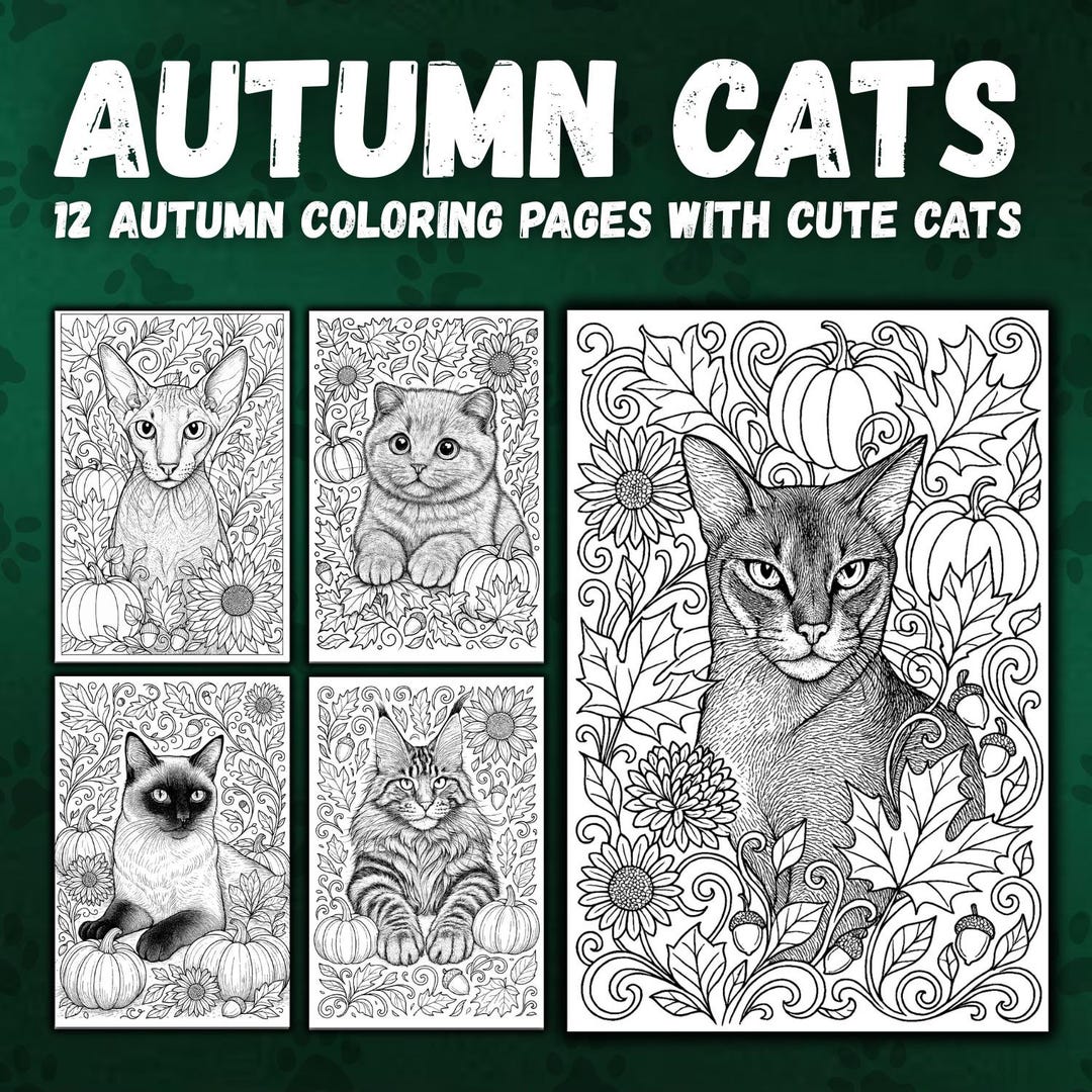Autumn Cats Coloring Pages: Cozy Fall Illustrations (printable PDF) - Etsy