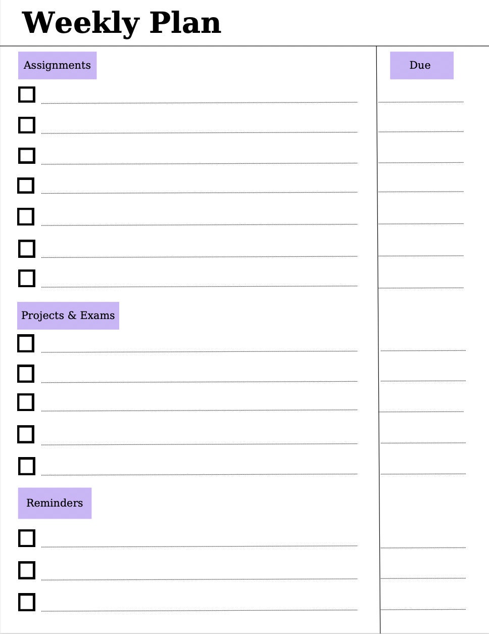 Student Weekly Planning Homework Designs Printable Planning Academic ...