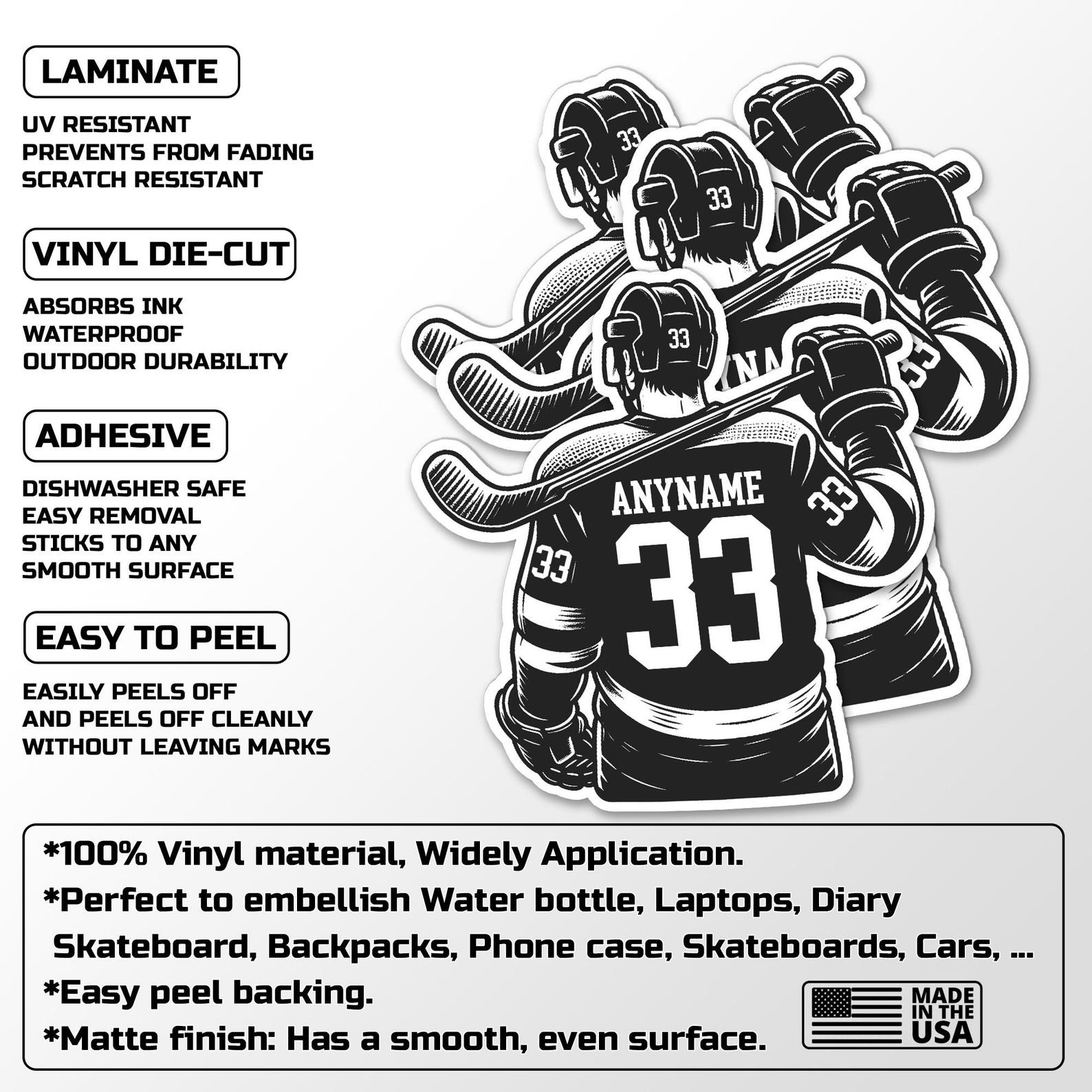 Custom Hockey Name Sticker, Player Backside Side Sticker, Personalized ...