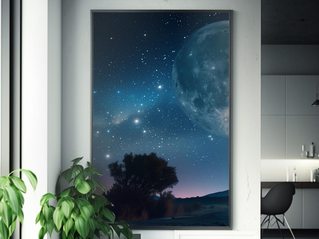 Night Sky Poster Full Moon Tree Art Starry Sky Painting Moonlit ...