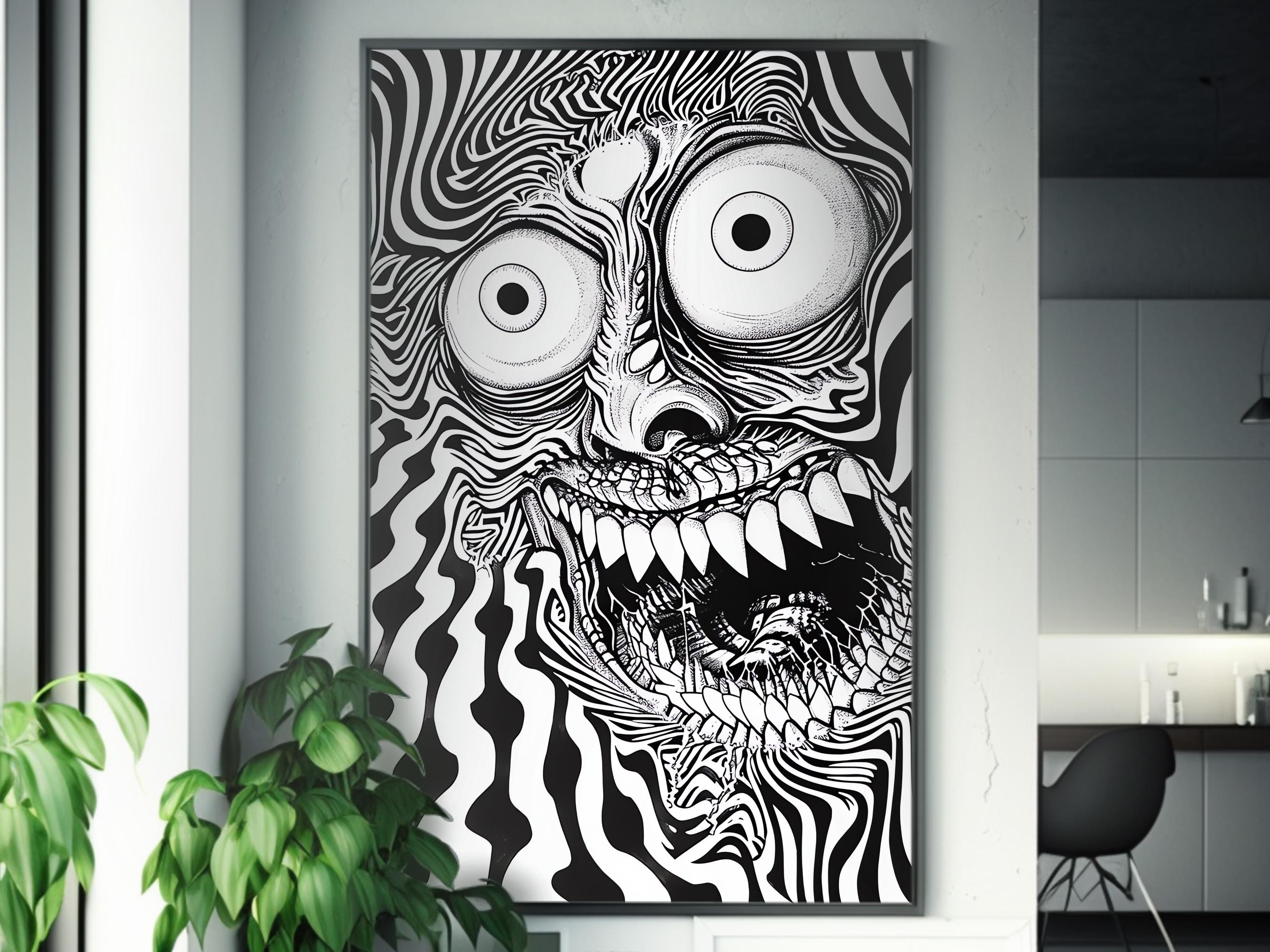 Psychedelic Zombie Face Lineart Poster Acid Graphics Trippy Art Black ...