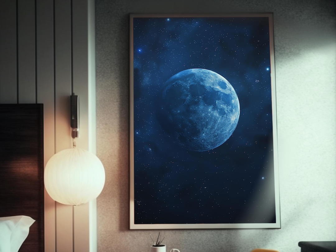 Blue Moon Night Sky Matte Painting Poster Space Art Full Moon ...