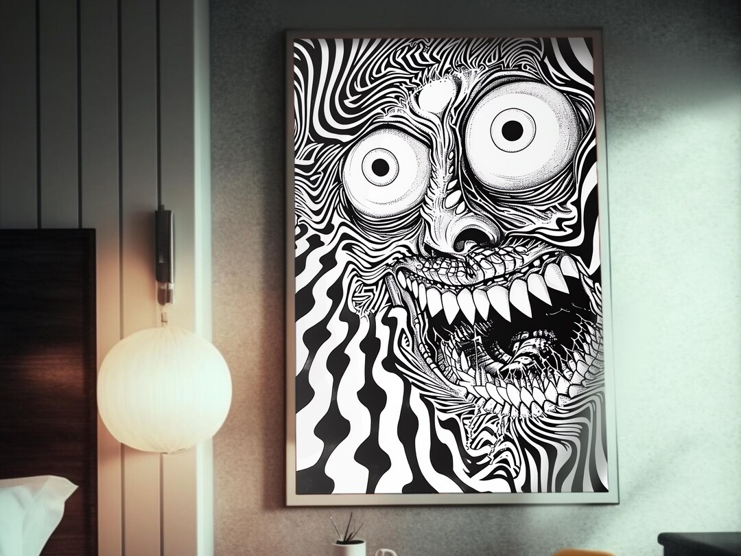 Psychedelic Zombie Face Lineart Poster Acid Graphics Trippy Art Black ...