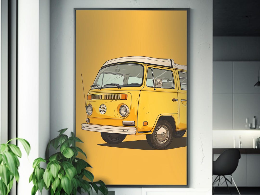 Vintage Yellow Van Poster Surfboard Art Photorealistic Kombi Microbus ...