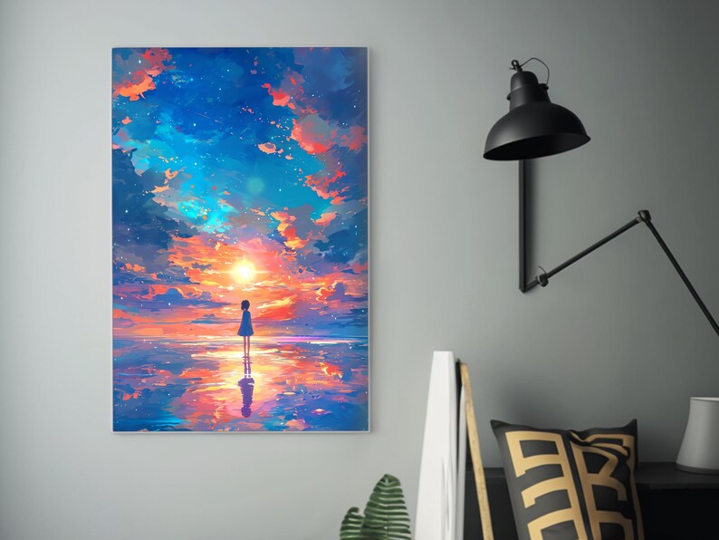 Cosmic Beach Sunset Poster Anime Art Print Cloud Sky Reflections Pixiv ...