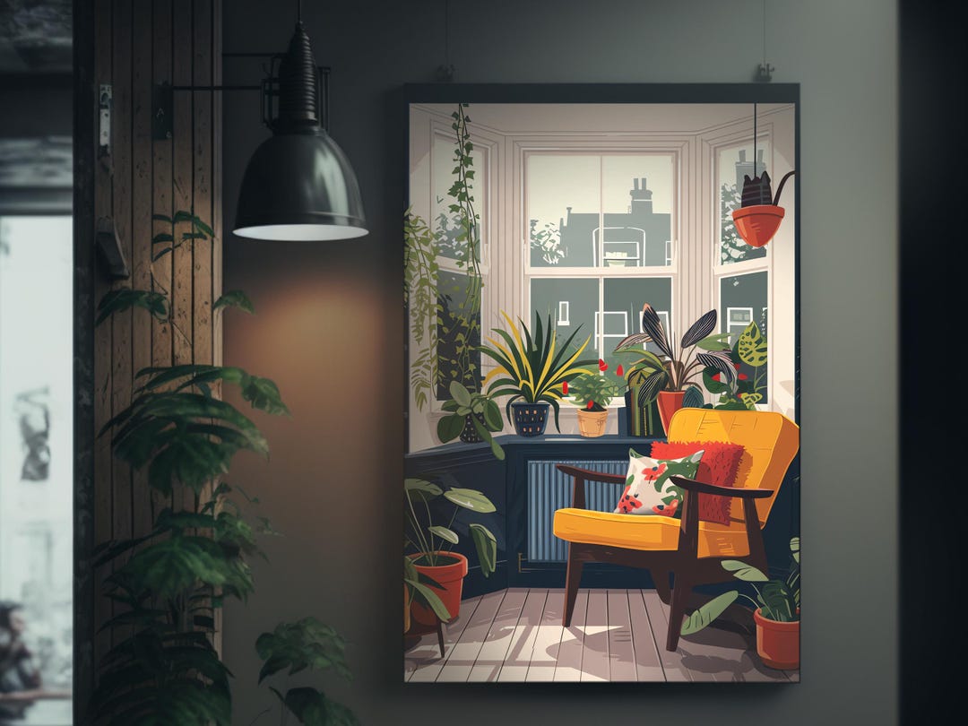 Vintage Yellow Chair Poster | Window Sill Art | Retro House Plant ...