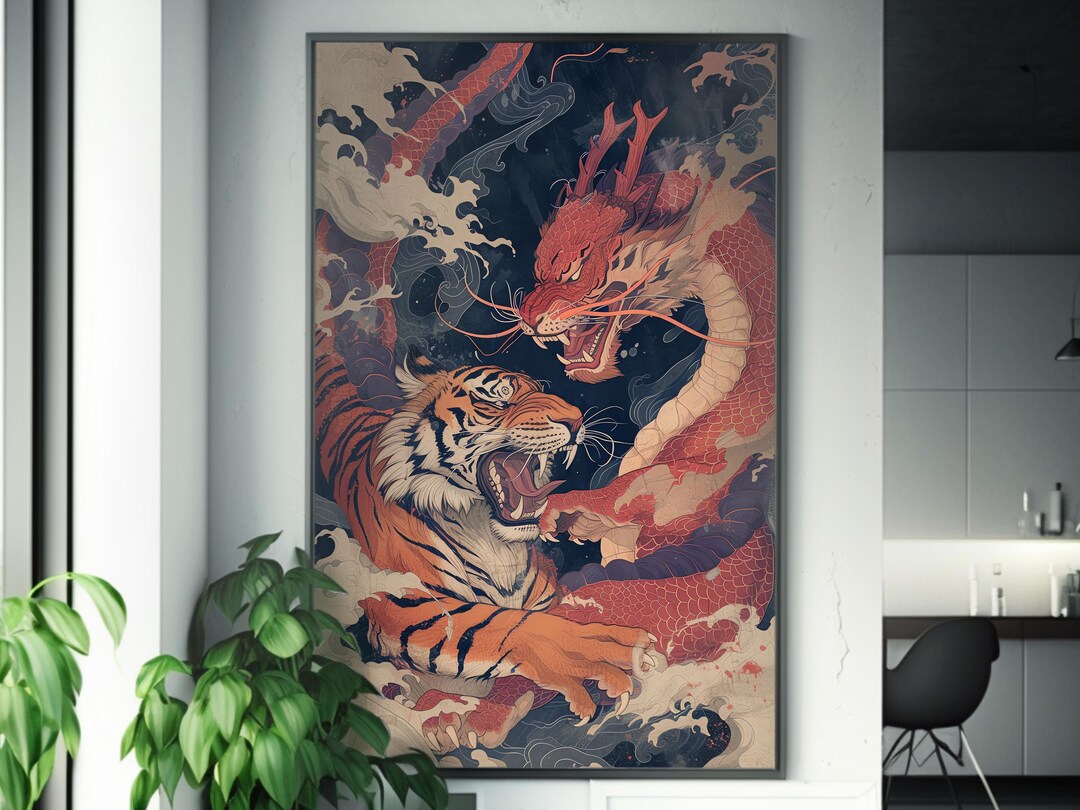 Tiger & Dragon Battle | Silk Screen Poster | Ukiyo-e Style Art ...