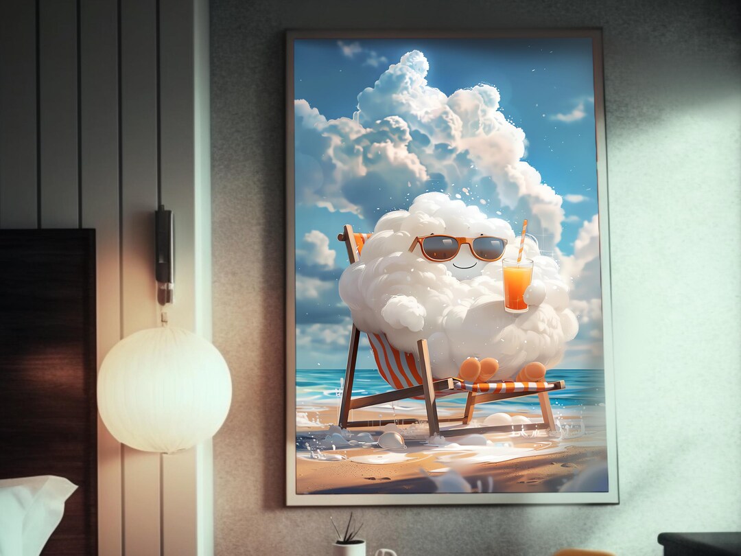 Beach Chair Scene Ocean View Poster Cute Cumulus Clouds C4D Art Print ...