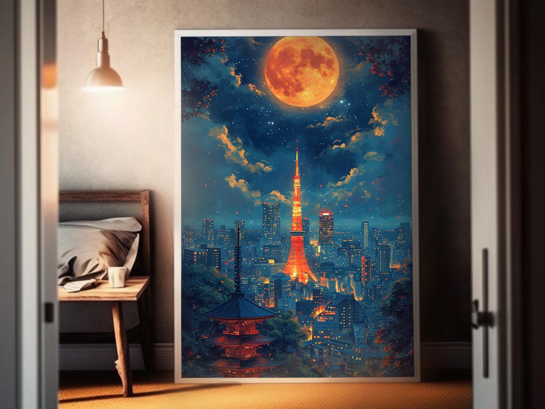 City Night Sky Anime Poster | Full Moon Tokyo Landscape | Pixiv ...