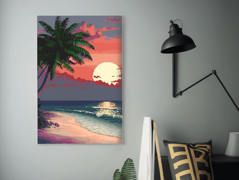 Vaporwave Beach Sunset Pixel Art Poster Aesthetic Artwork Retro Digital ...