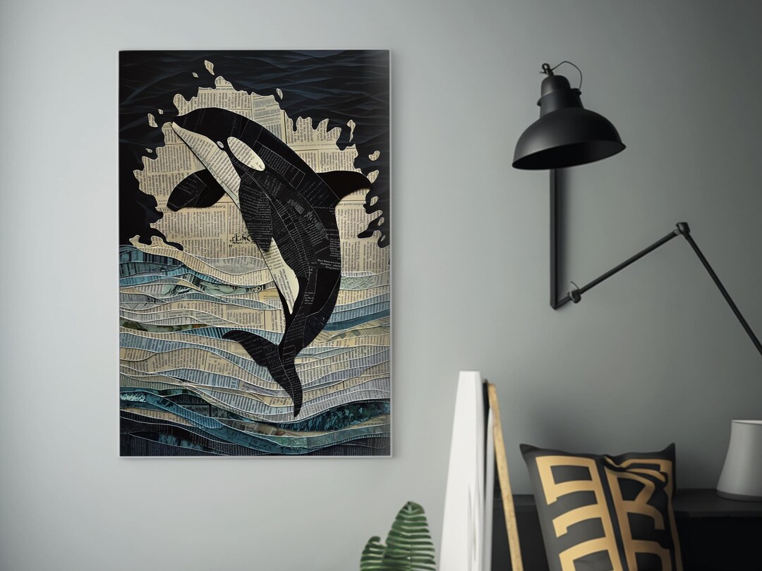 Playful Orca Whale Leap Eco-friendly Paper Cut-out Collage Art Poster ...