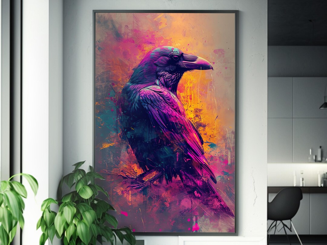 Psychedelic Graffiti Art Poster Crow on Tree Branch Artistic Raven Bird ...