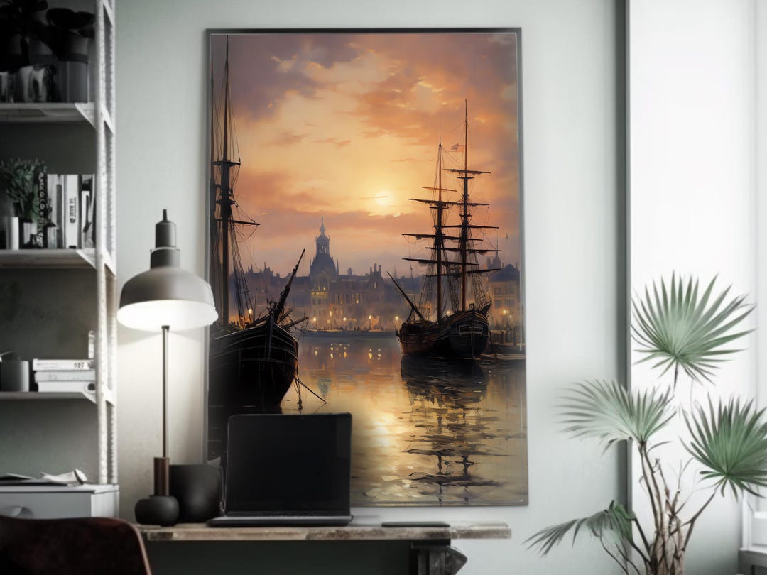 Victorian Harbor Night Scene | Fantasy Art Poster | Antique Ships ...