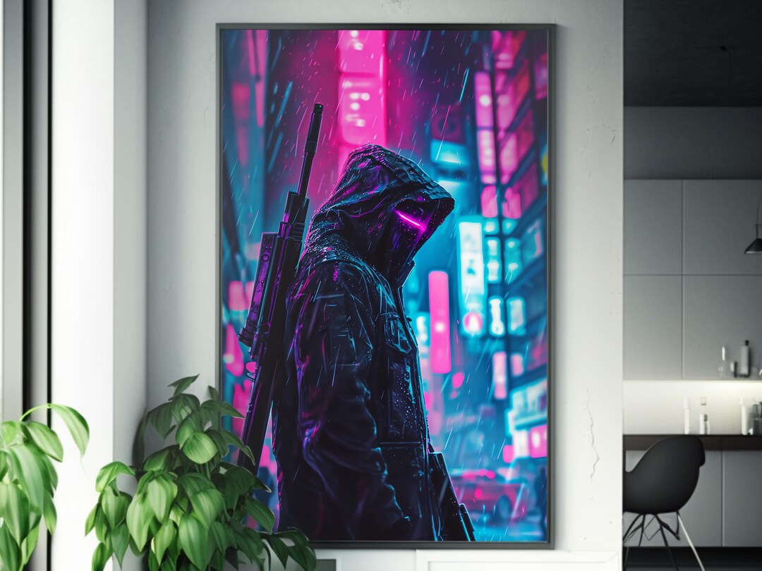 Cyberpunk Assassin Poster | Rainy Gunman Art Print | Cyber Noir Wall ...