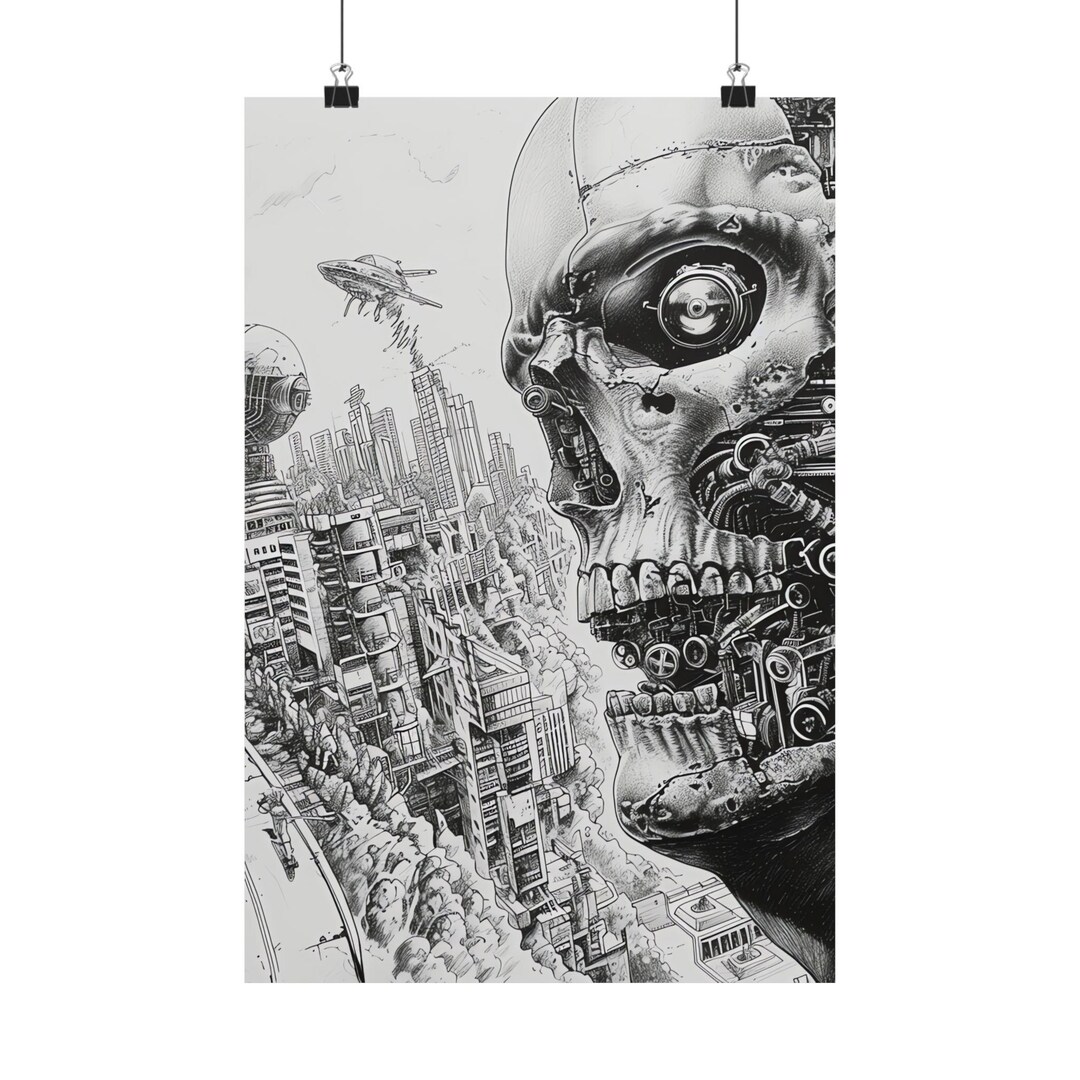 Cyberpunk Skull Cityscape Complex Poster Art Hyper-detailed Futuristic ...