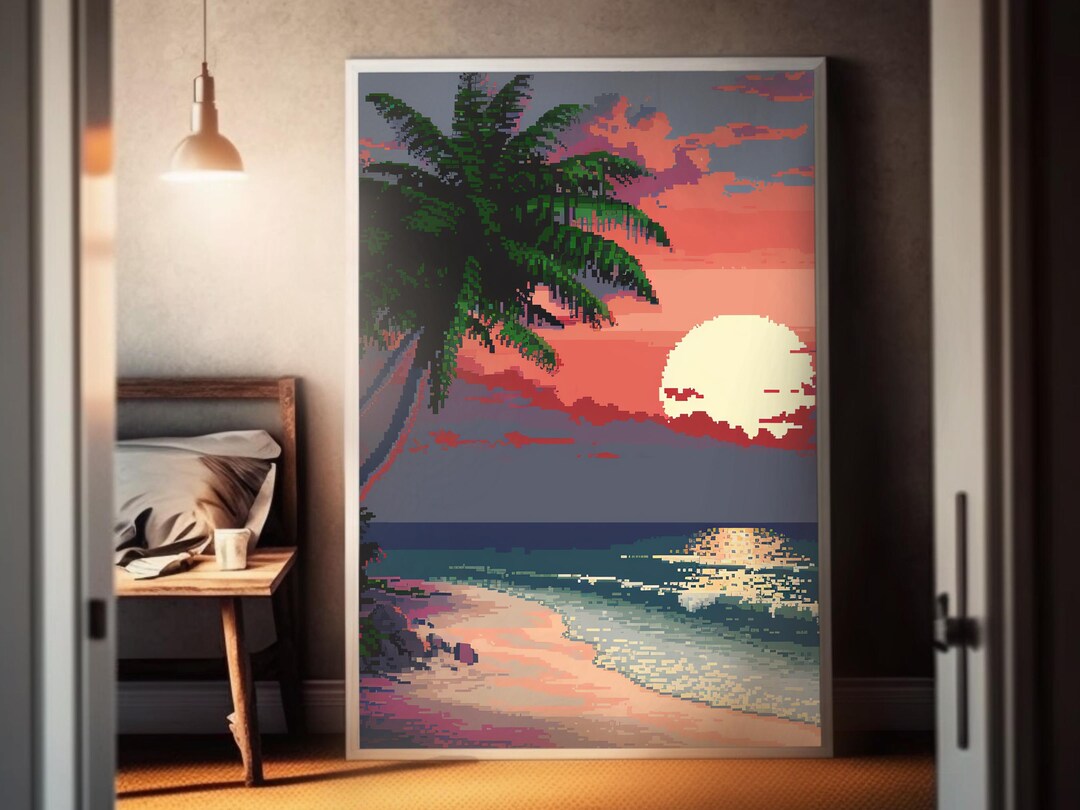 Vaporwave Beach Sunset | Pixel Art Poster | Aesthetic Artwork | Retro ...