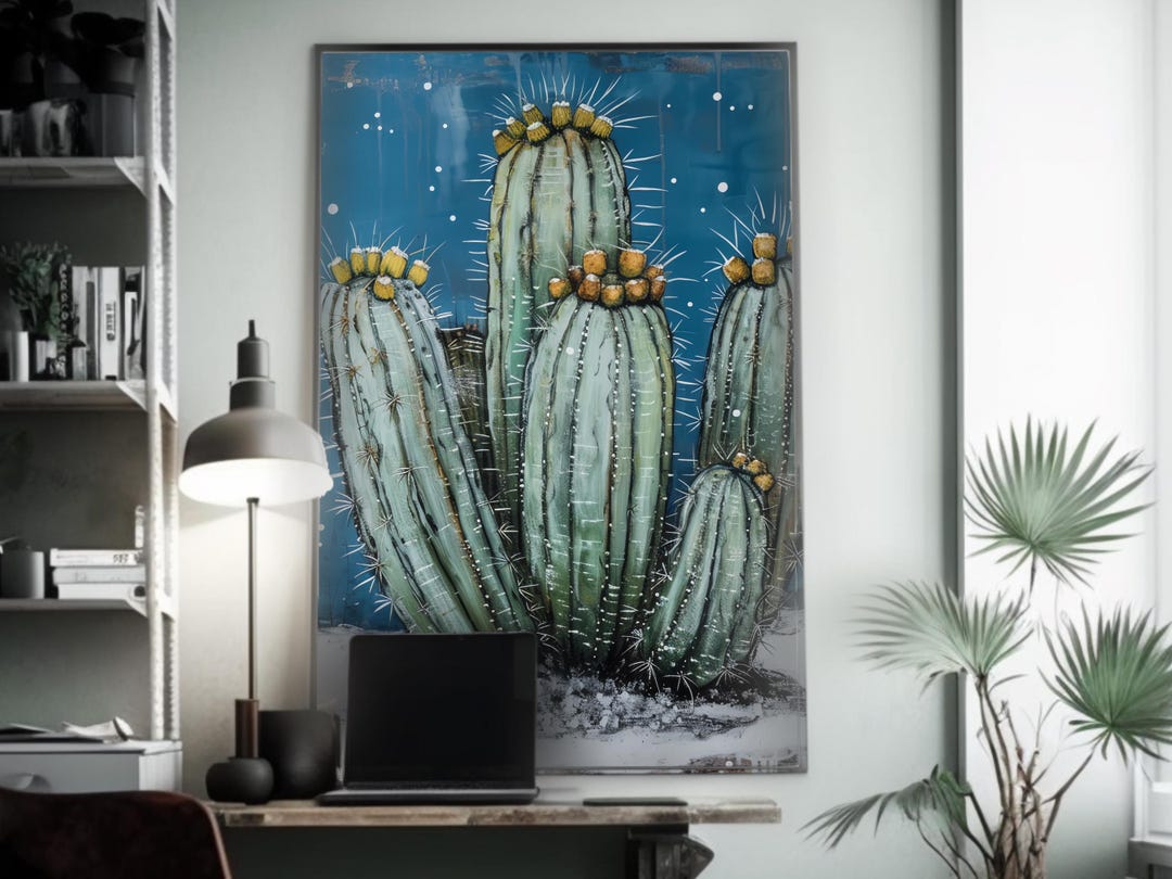 Snowy Cactus Trio Art Print Photorealistic Naive Painting Inspired by ...