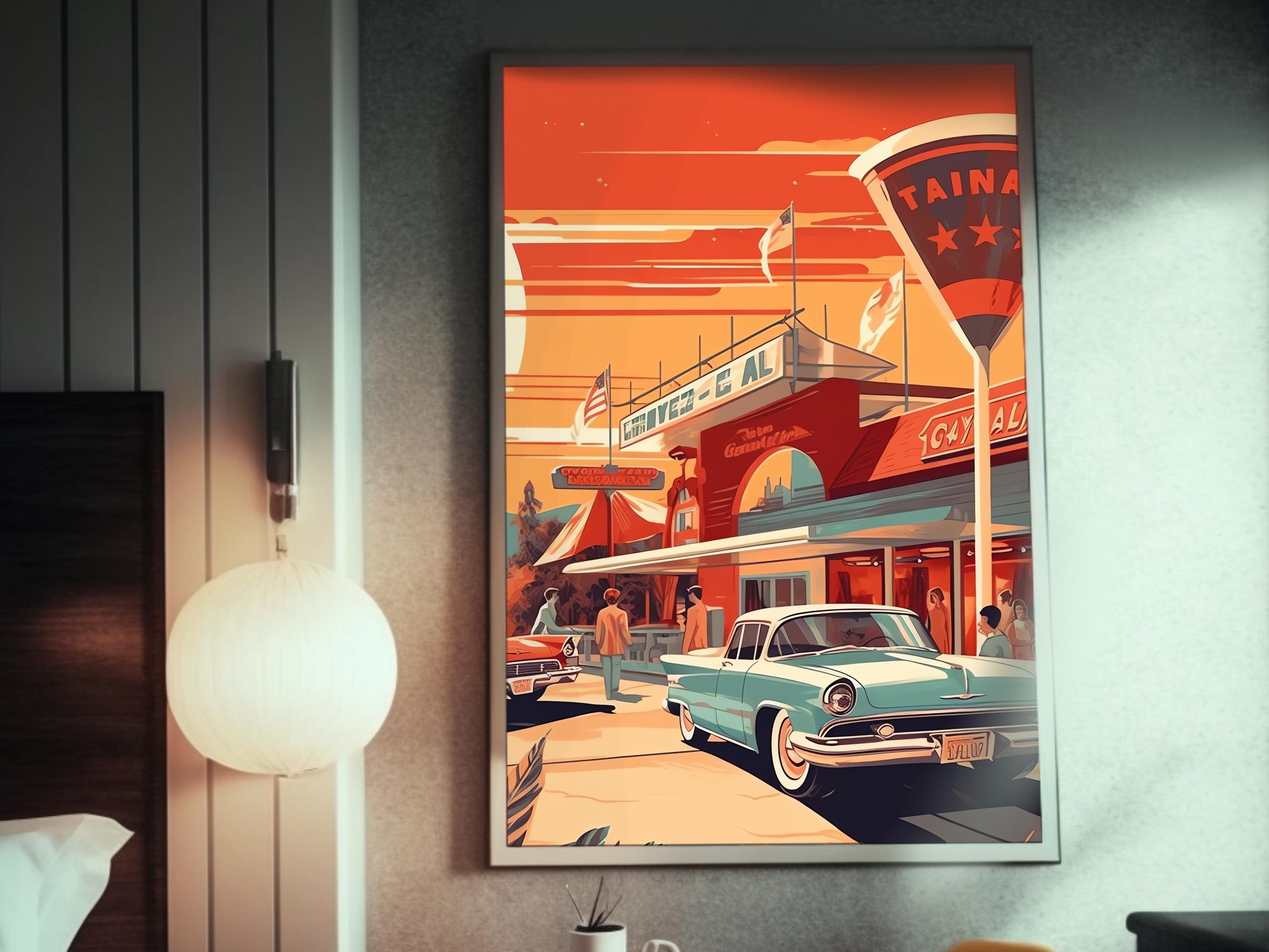 Classic 1950s American Diner Car Poster Vintage Americana Tourism Retro ...