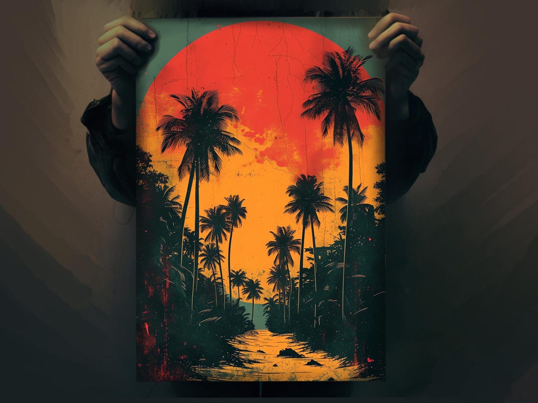 Tropical Sunset Palm Trees Art Red Sun Paradise Miami Themed ...