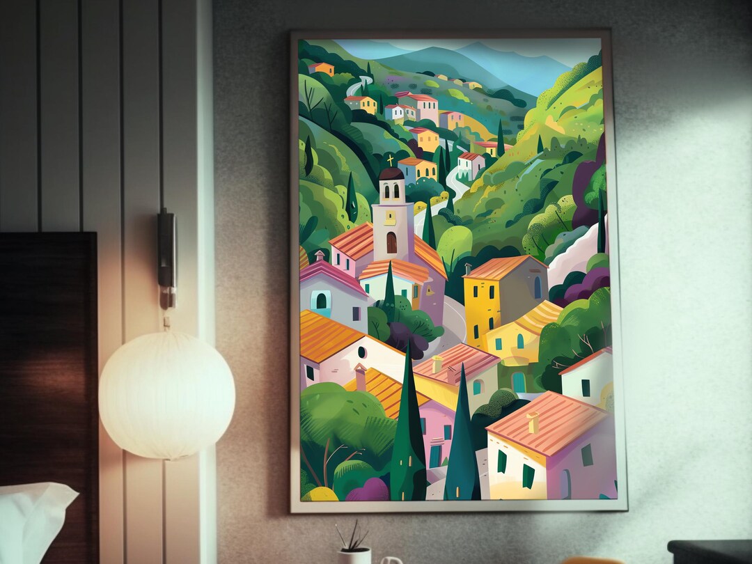 Vibrant Townscape Poster | Gouache Painting Art Print | Hills, Trees ...