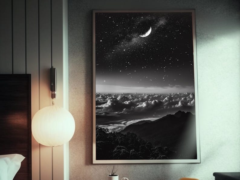 Moonlit Night Sky Black White Space Art Matte Painting Poster ...