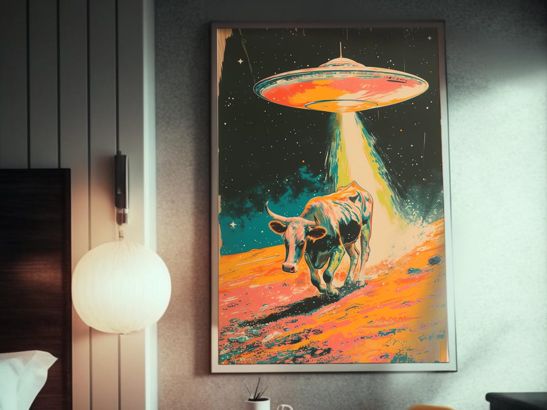UFO Cow Abduction Poster Pop Surrealism Art Print Sci-fi Flying Saucer ...