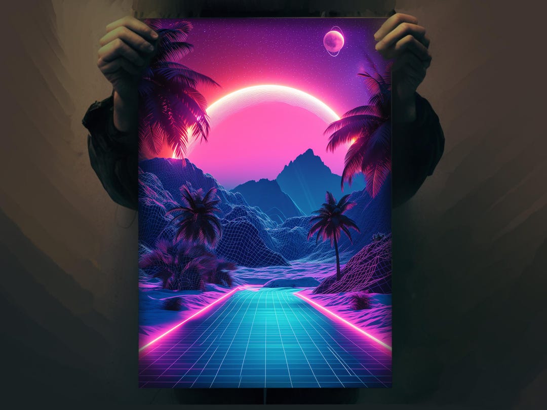 Neon Palm Tree Mountains | Synthwave Poster | Retrofuturism Art | Flat ...