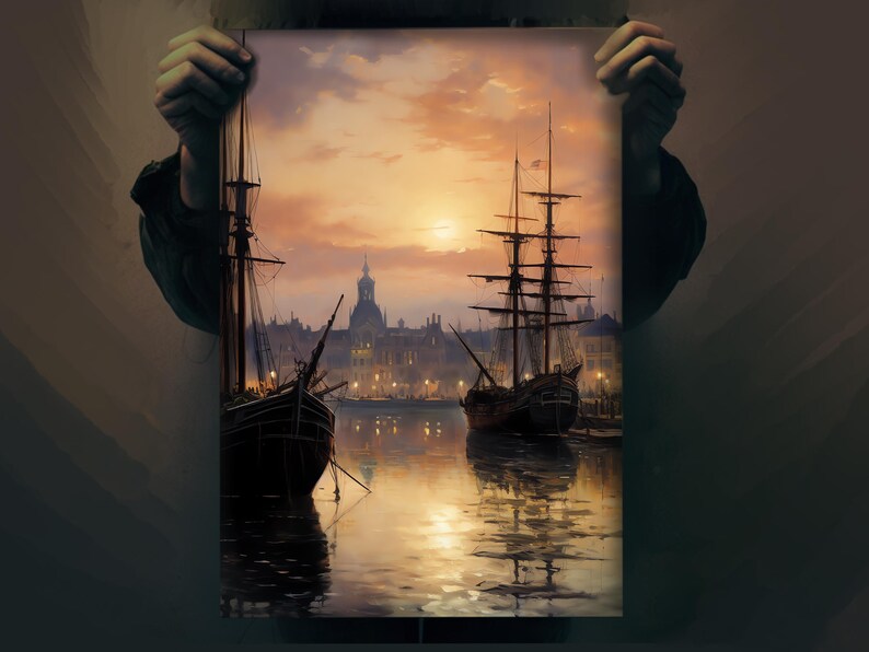 Victorian Harbor Night Scene | Fantasy Art Poster | Antique Ships ...