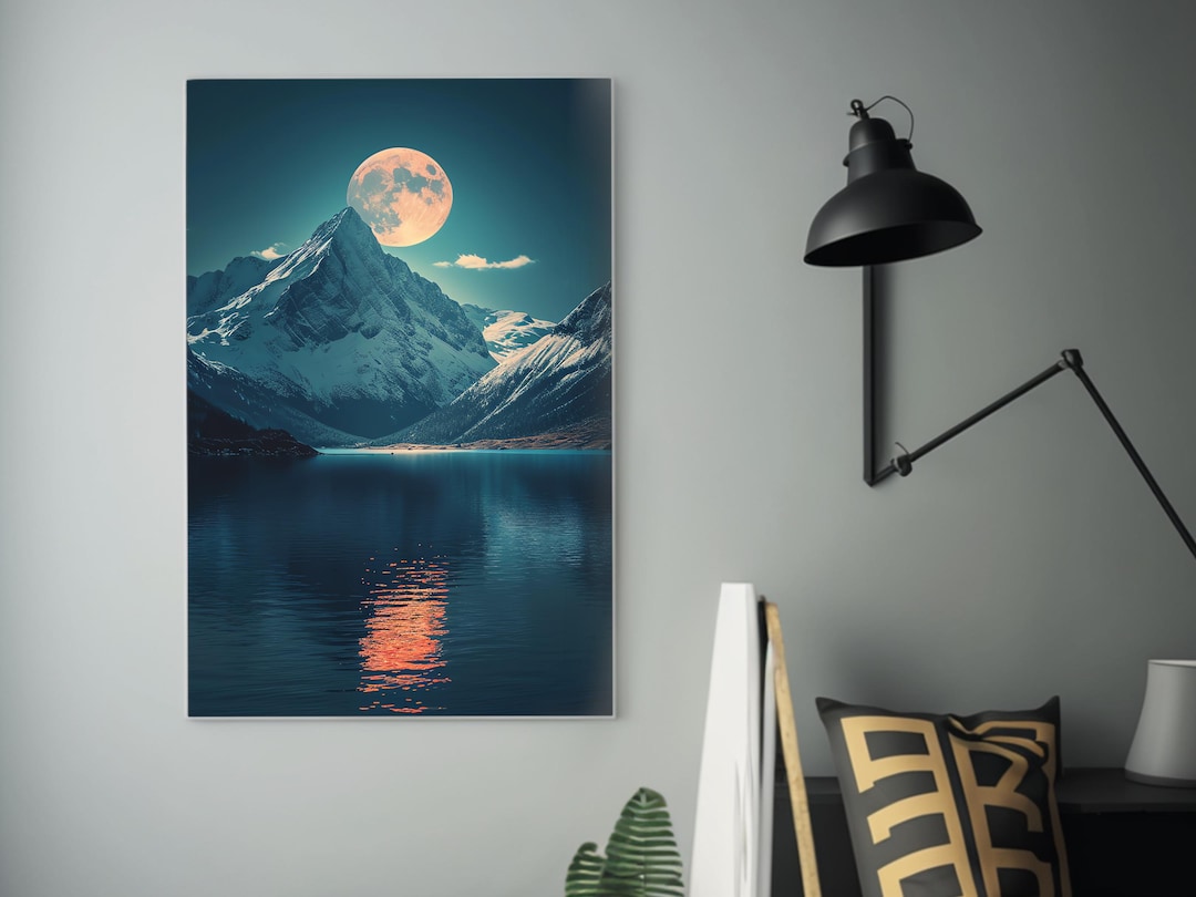 Full Moon Rising Over Mountain Peaks Poster Space Art Landscape Art ...