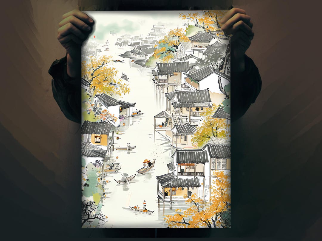 Chinese River Boat Scene Ultrafine Detail Art Naive Style Traditional ...