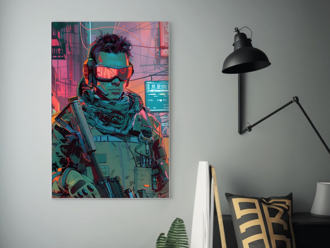 Cyberpunk Neon Soldier Poster | Retrofuturism Art | Neon Sign Style ...