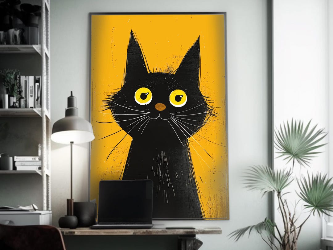 Black Cat Pop Art Print | Yellow Eyes Screenprint | Mid-century Modern ...