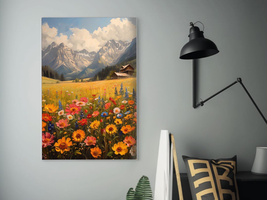Vibrant Meadow Landscape Poster Mountain Scenery American-inspired Art ...
